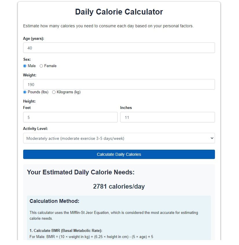 Daily Calorie Calculator - Light, Moderate, Heavy Activity